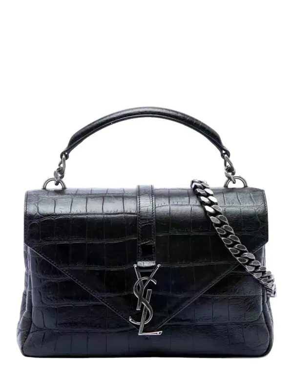 Saint Laurent Medium Monogram College Satchel In Croc Embossed Leather - Black