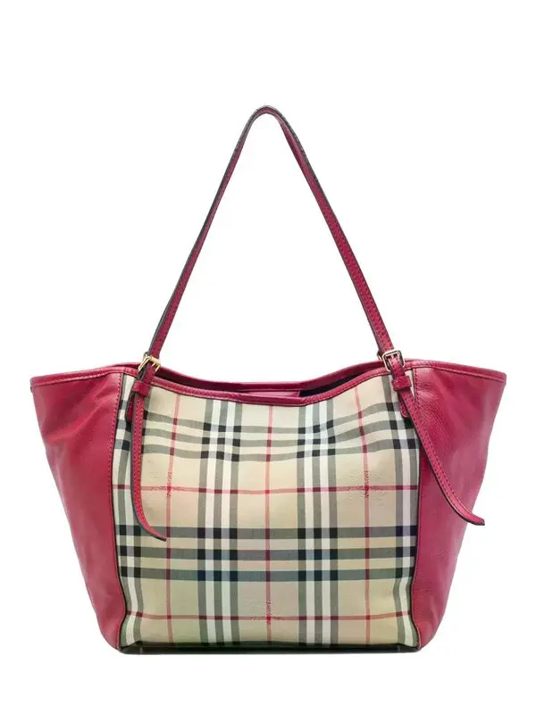 Burberry Haymarket Check Canvas And Leather Tote Bag - Red