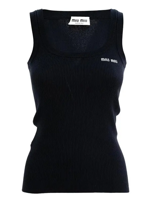 Miu Miu Cotton Knit Scoop Neck Tank Top With Intarsia Logo - Blue