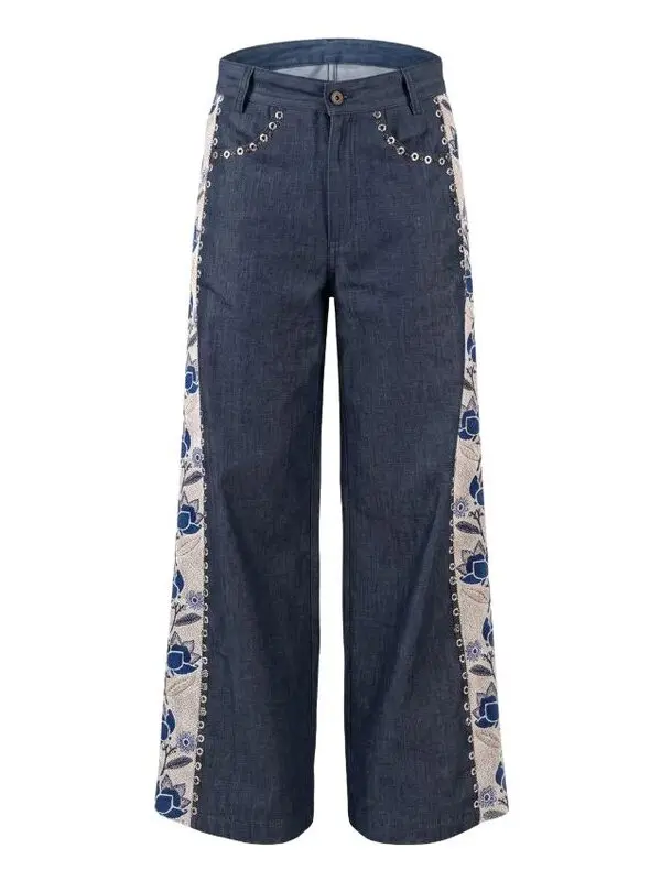 COLLECTED XX Kasur Patchwork Wide-leg Jeans With Embellished Jacquard Panels - Blue