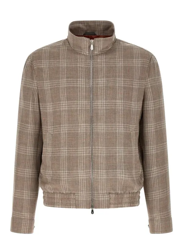 Brunello Cucinelli Checked Wool, Silk, And Linen Jacket - Brown