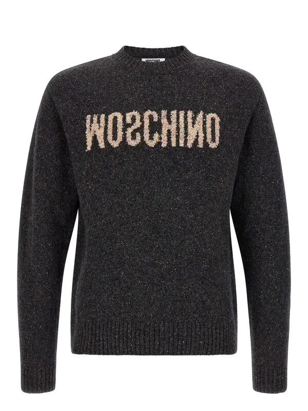 Moschino Mirrored Logo Embroidered Wool Silk Blend Sweater - Gray