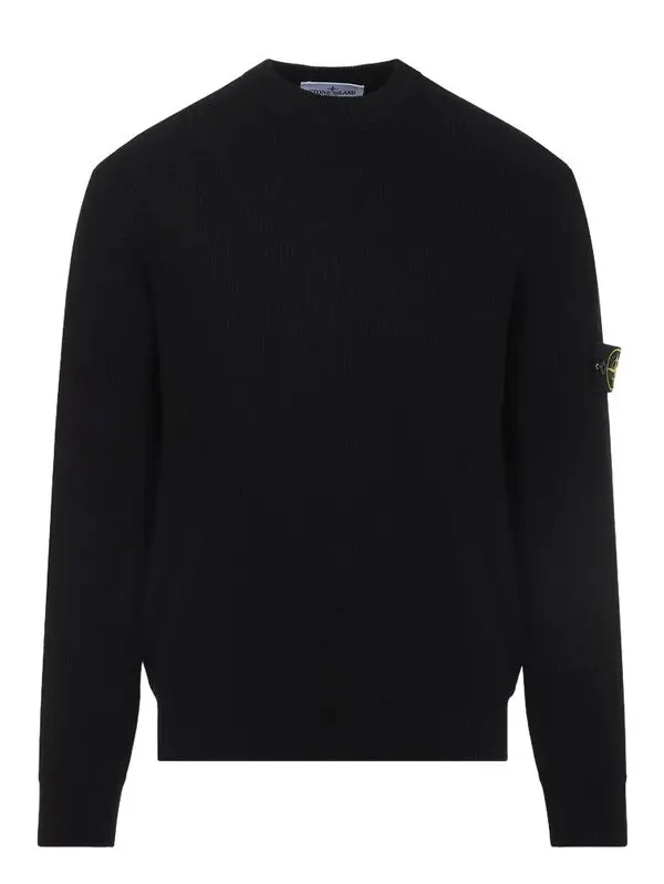 Stone Island Ribbed Knit Round Neck Long Sleeve Jumper - Black