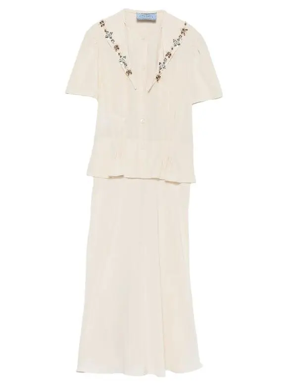 Prada Silk Day Dress With Crystal Embellishment - Cream