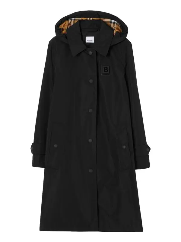 Burberry Hooded Coat With Logo Detail - Black