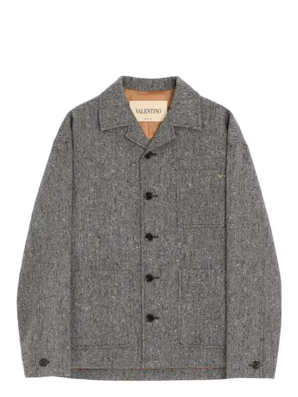 Valentino Garavani Shirt Jacket In Boutonné Wool With Vgold - Grey/black