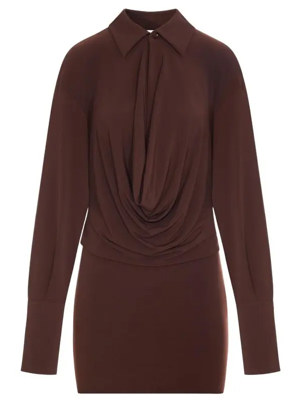 Andamane Deep V-neck Draped Mini Dress - Dark Brown