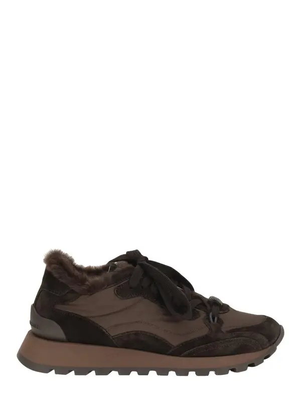 Brunello Cucinelli Suede And Techno Fabric Lace-up Sneakers With Shearling Lining And Monile Detail - Brown