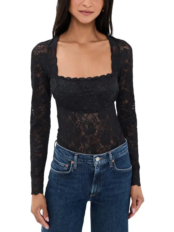 Cosabella Long Sleeve Lace Bodysuit - Black