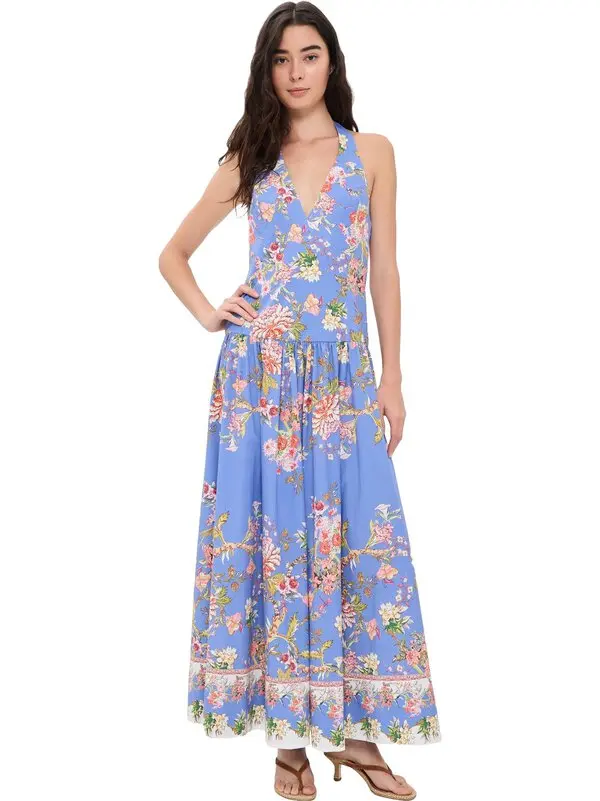 Hemant & Nandita Floral Print Halterneck Maxi Dress - Blue