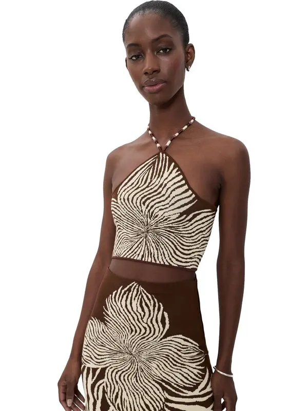 Alexis Gala Halter Neck Floral Jacquard Knit Top - Brown Blossom