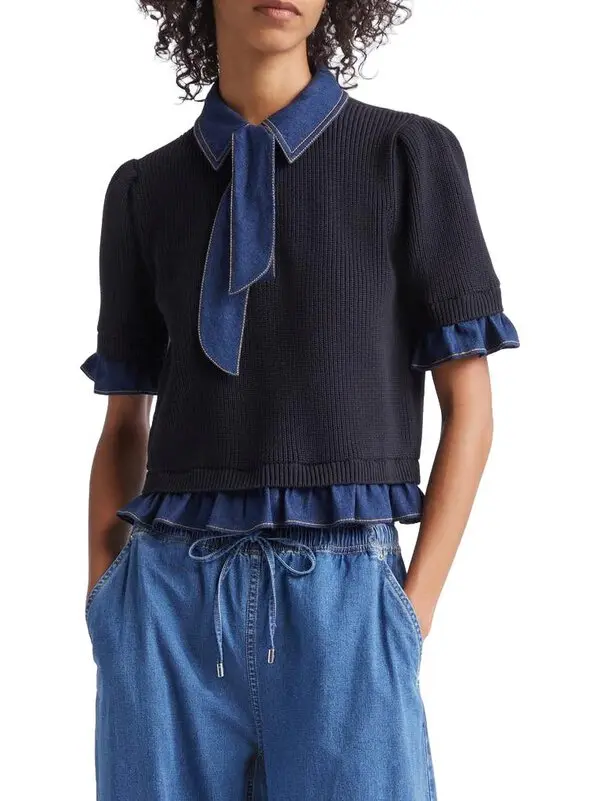 Cinq À Sept Shelly Short Sleeve Sweater With Denim Trim - Black/twlight