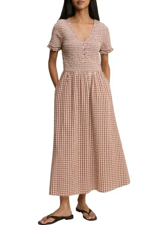 NOBODY'S CHILD Eliza Smocked Gingham Seersucker Maxi Dress - Brown