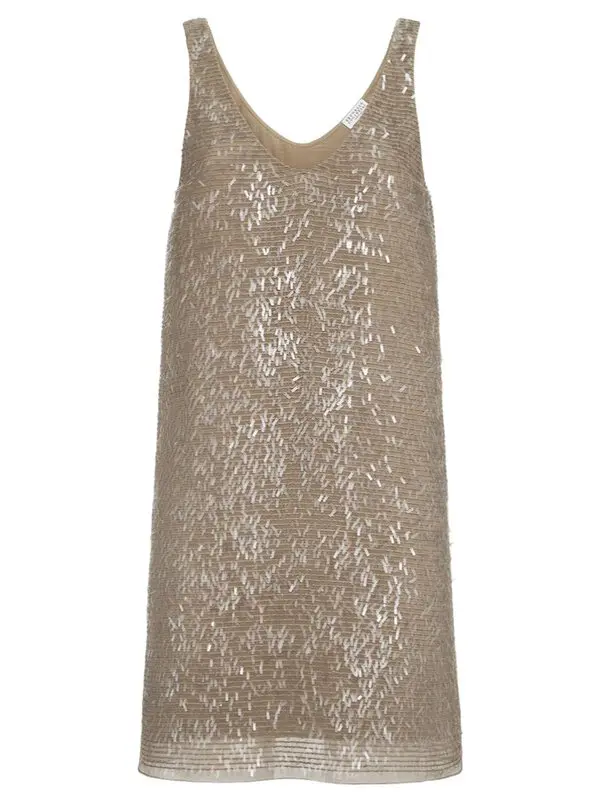Brunello Cucinelli Sleeveless Sequin Embellished Silk Mini Dress - Nude