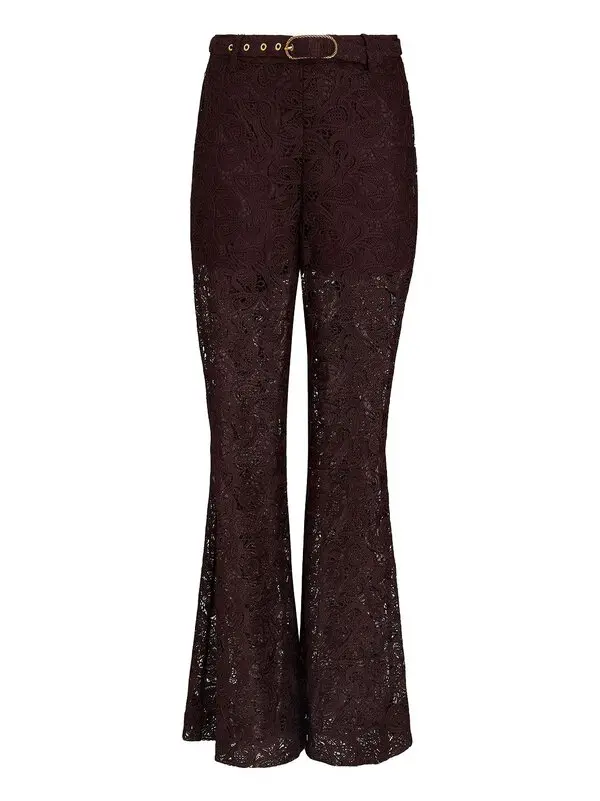 Zimmermann Belted Guipure Lace Flared Pants - Chocolate