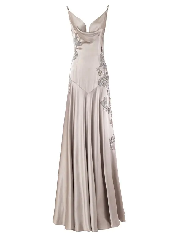 LA FUORI Embellished Silk Satin Gown - Silver