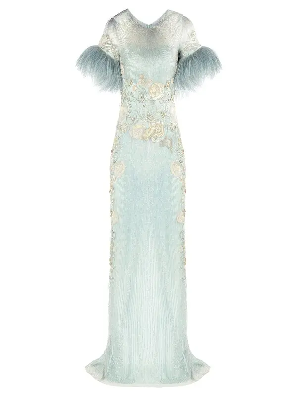LA FUORI Crystal Feather Embellished Tulle Gown - Blue