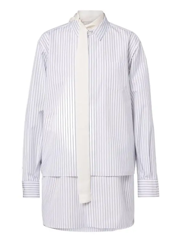 Sacai Layered Striped Cotton-blend Poplin Shirt With Self-tie Neck - White