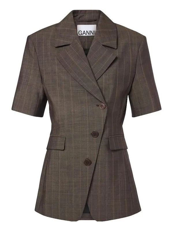 GANNI Striped Wool Blazer - Brown