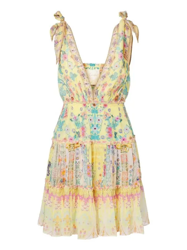 Camilla Floral Embellished Tiered Silk Minidress - Yellow