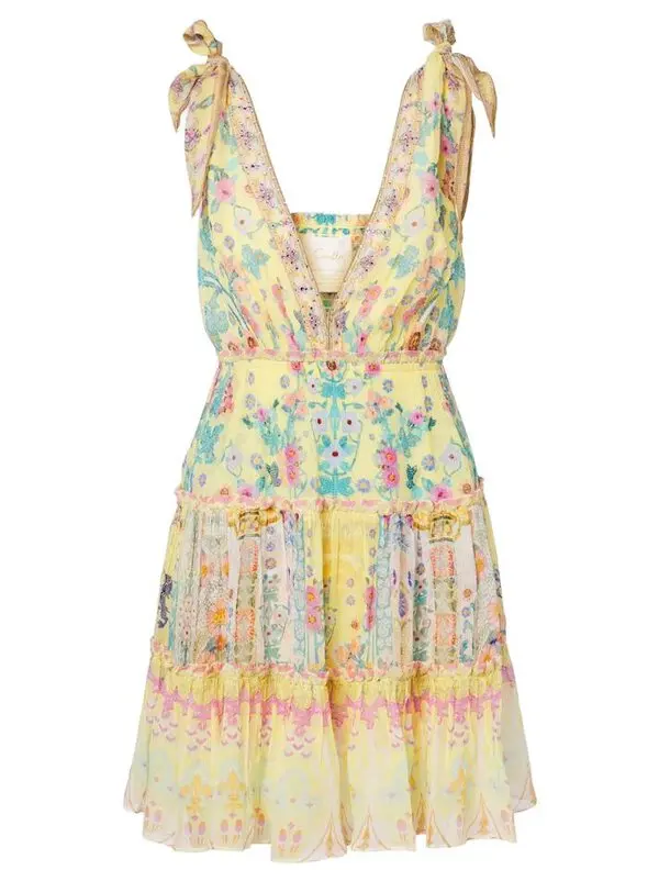 Camilla Tiered Embellished Silk Mini Dress - Yellow