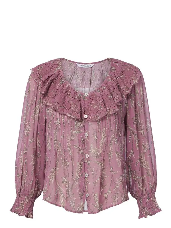 Veronica Beard Hewitt Ruffled Floral Georgette Blouse - Purple