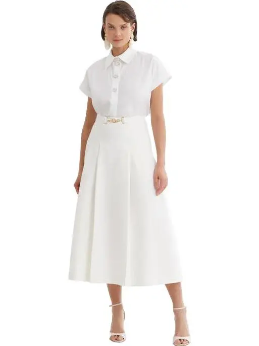 GIZIA Ecru Pleated Midi Skirt With Chain Accessory - Ivory