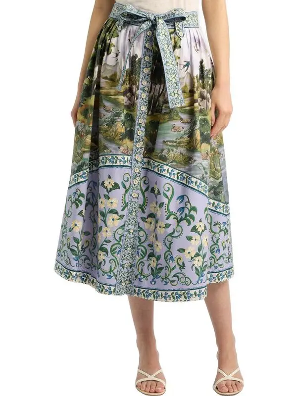 Farm Rio Countryside Landscape Printed Midi Skirt - Green