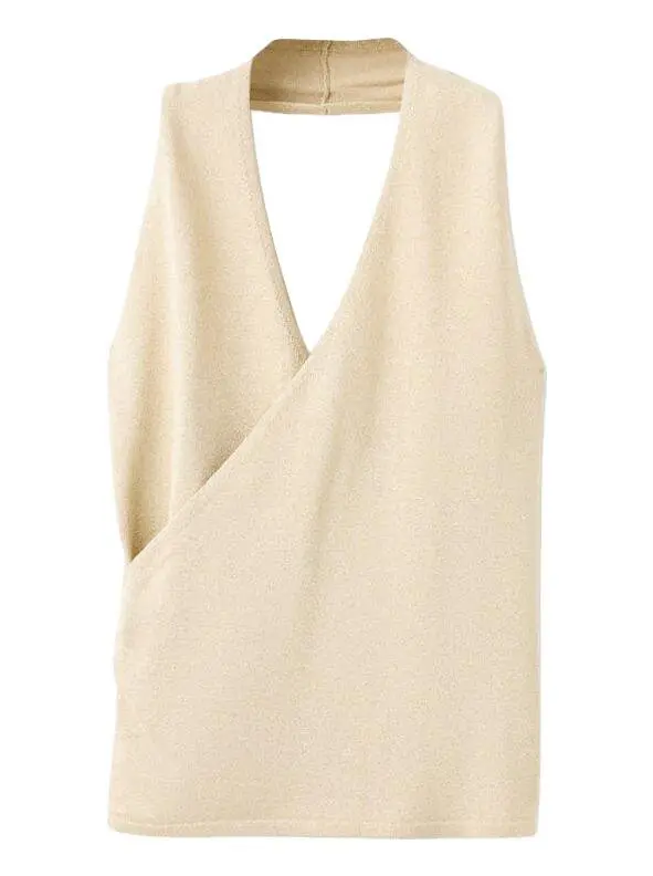 Mango Metallic Cross Neck Fine Knit Top - Gold