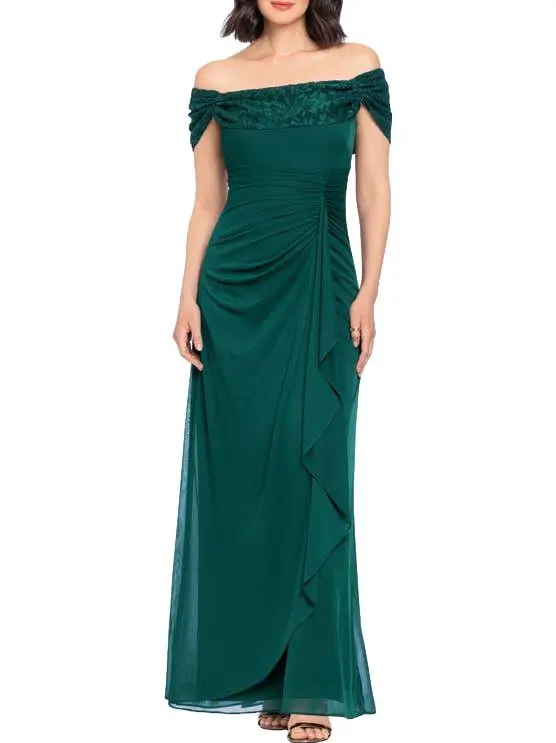 Betsy & Adam Glitter Lace Off-the-shoulder Gown - Pine