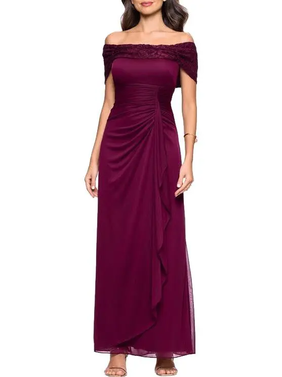 Betsy & Adam Glitter Lace Off-the-shoulder Gown - Wine