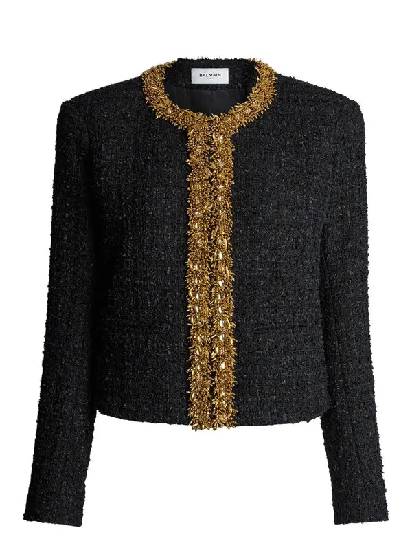 Balmain Embroidered Tweed Jacket With Pearl Embellishments - Black