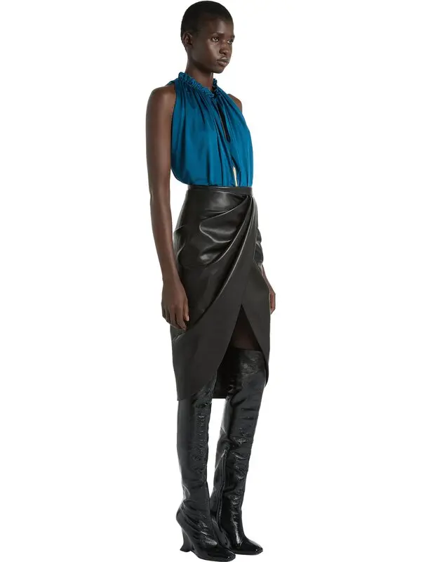 Balmain Draped Lambskin Midi Skirt - Black