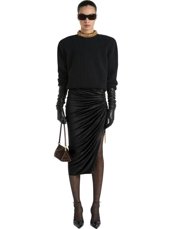 Balmain Flowing Jersey Midi Skirt With Slit And Drawstring Detail - Black
