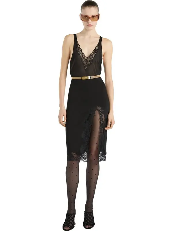 Balmain Knit Midi Skirt With Lace Trim - Black