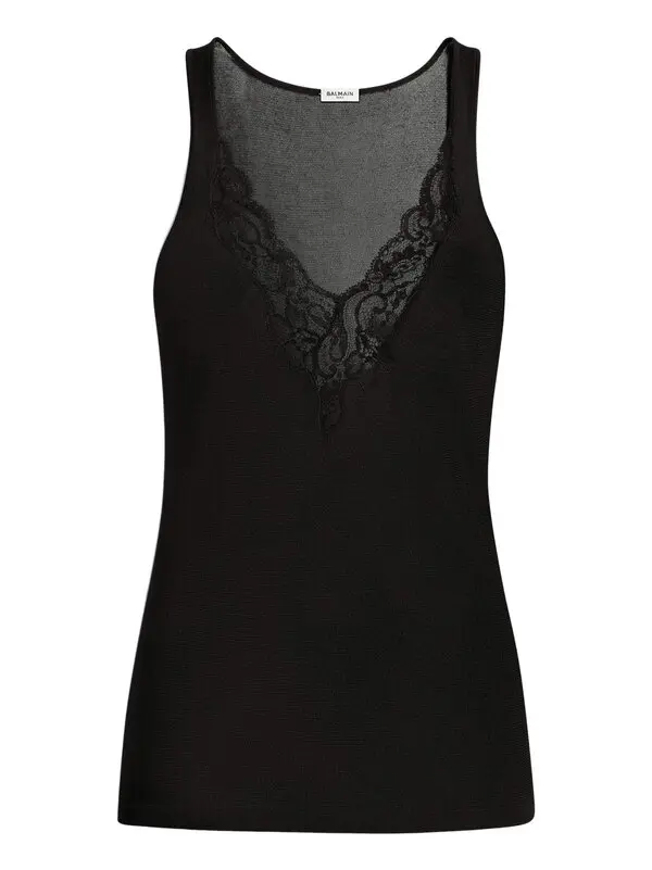 Balmain Knit Vest Top With Lace Trim - Black