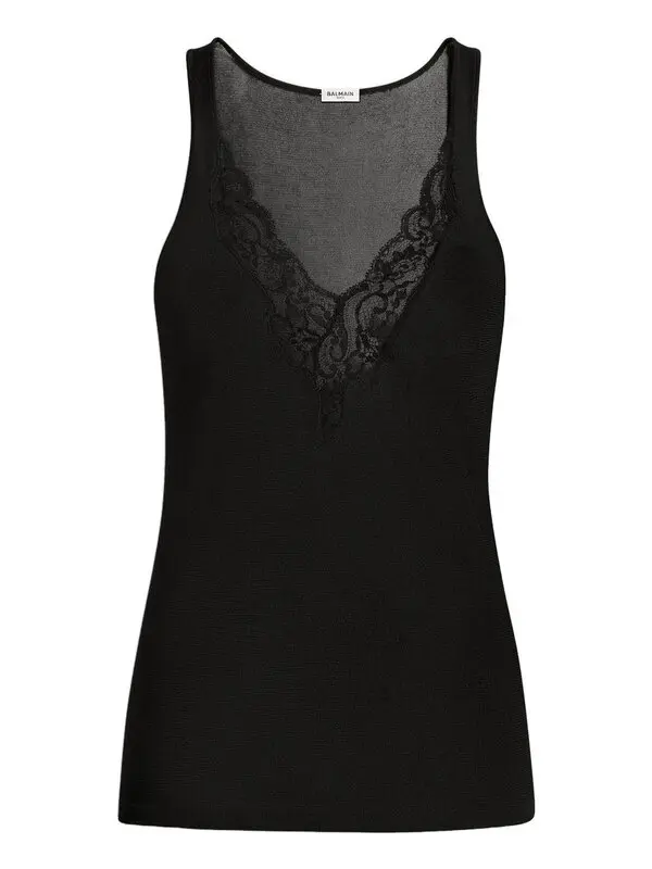 Balmain Knit Vest Top With Lace Trim - Black