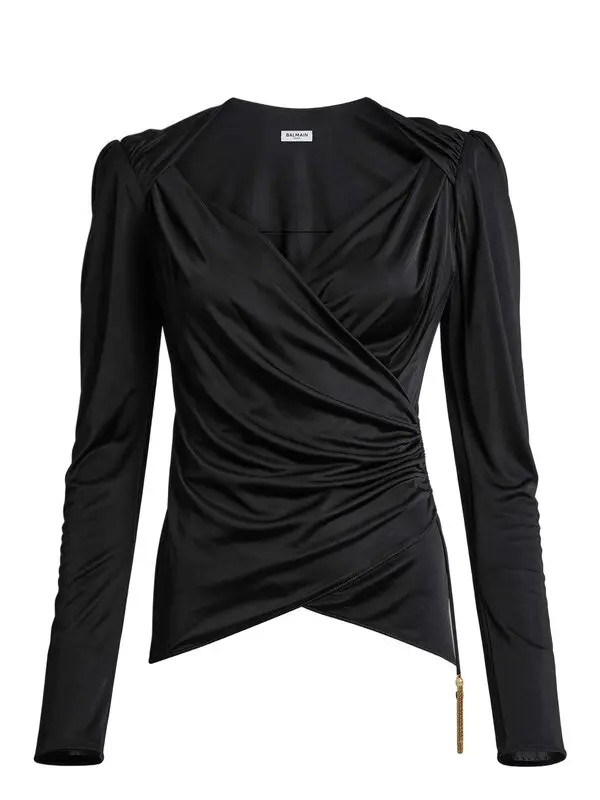 Balmain Draped Flowing Jersey Top With Plunging Neckline - Black