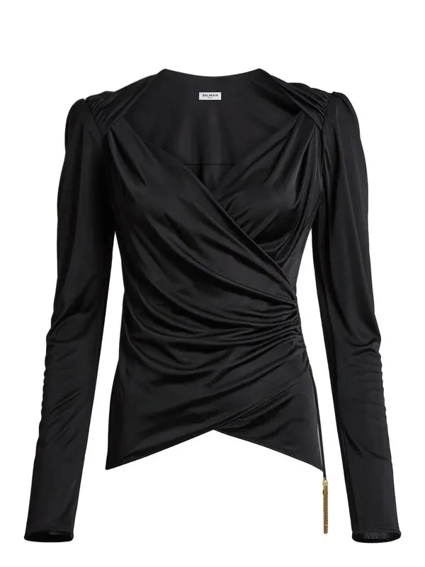 Balmain Draped Flowing Jersey Top With Plunging Neckline - Black