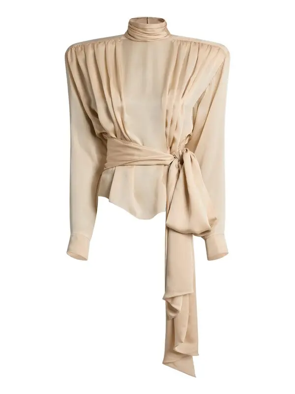Balmain Silk Chiffon Blouse With Padded Shoulders And Tie - Beige
