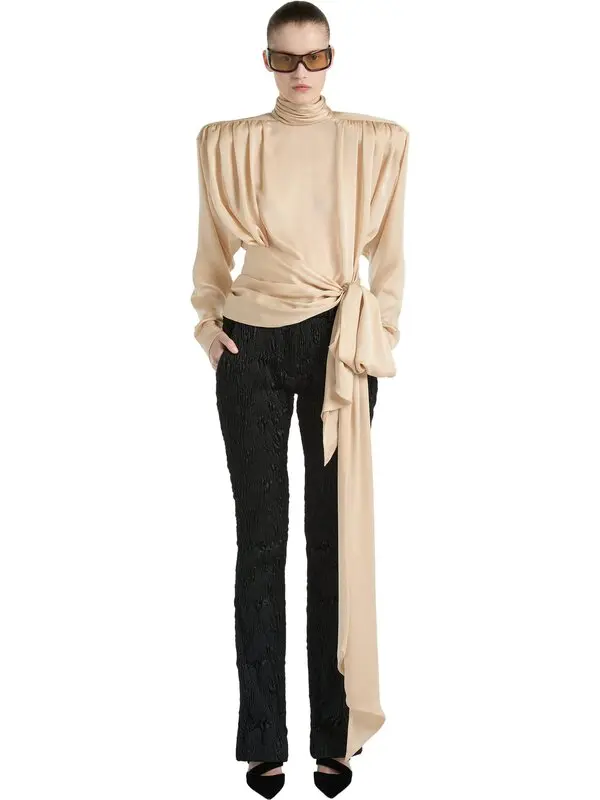 Balmain Silk Chiffon Blouse With Padded Shoulders And Tie - Beige