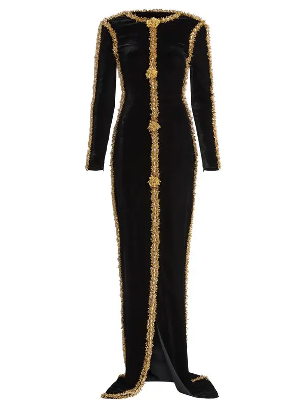 Balmain Long Velvet Dress With Embroidered Trim - Black