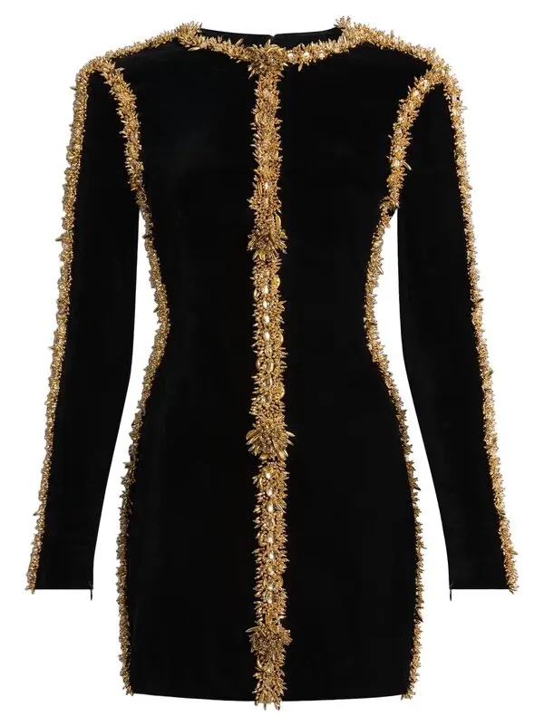 Balmain Velvet Dress With Embroidered Trim - Black