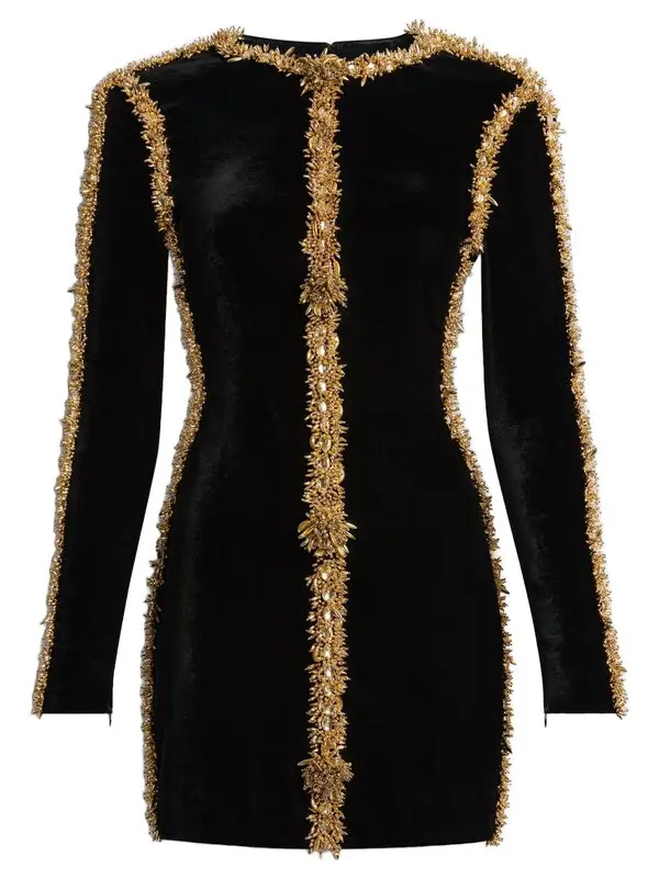 Balmain Velvet Dress With Embroidered Trim - Black