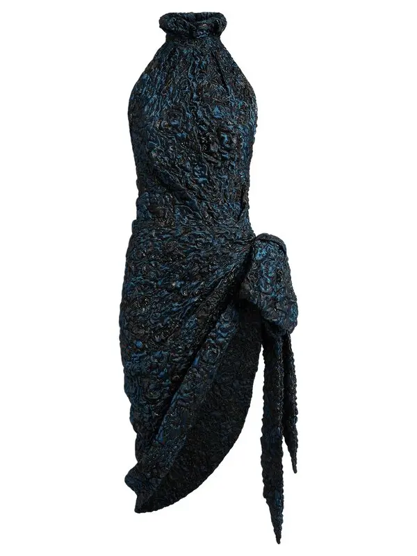 Balmain Draped Cloqué Jacquard Midi Dress - Blue