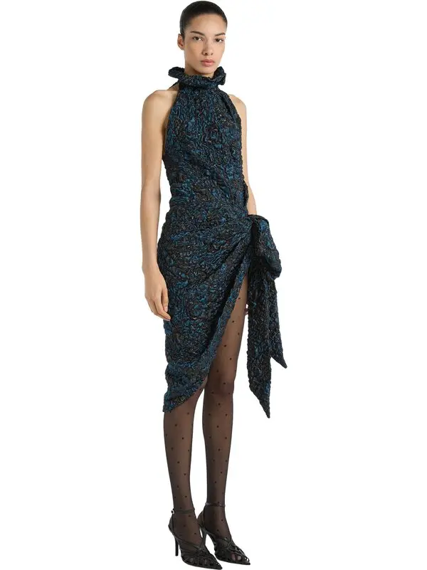Balmain Draped Cloqué Jacquard Midi Dress - Blue