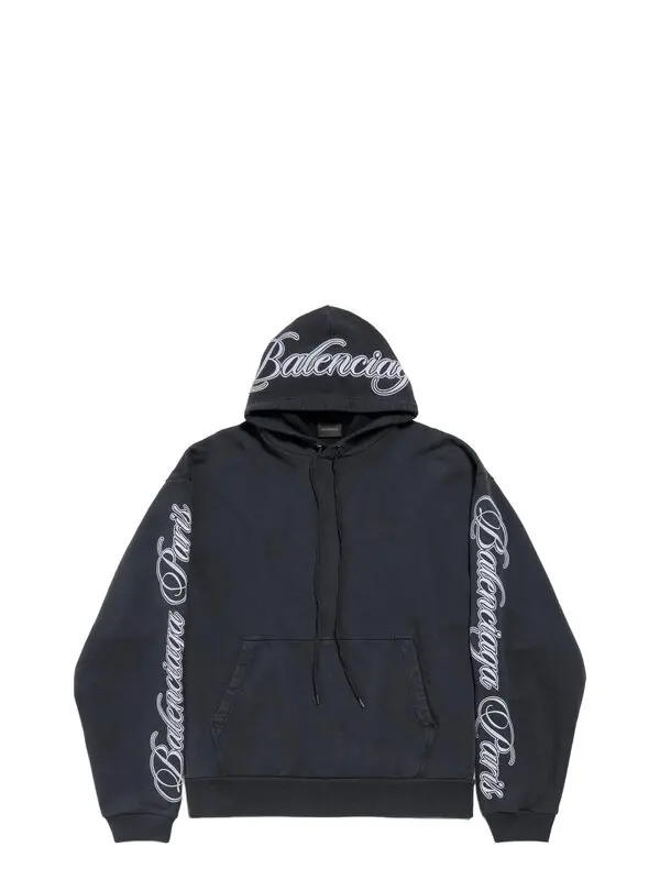 Balenciaga Cursive Embroidered Oversized Hoodie - Black
