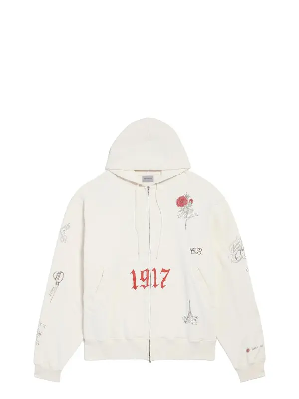 Balenciaga Tattoo Oversized Zip-up Hoodie - Cream