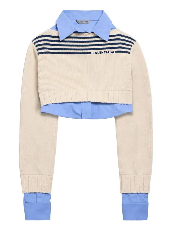Balenciaga Hybrid Cotton Knit Jumper With Shirt Detail - Blue