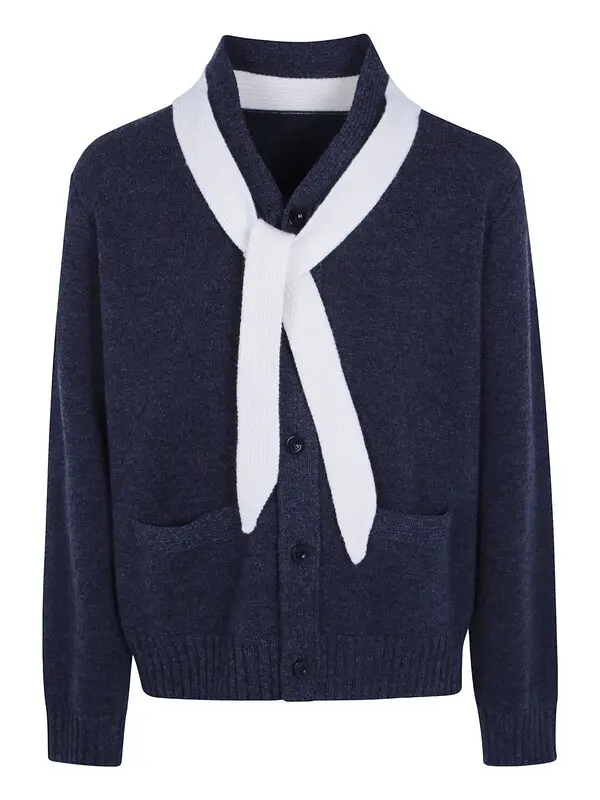 Sacai Wool Knit Cardigan With Scarf Detail - Gray